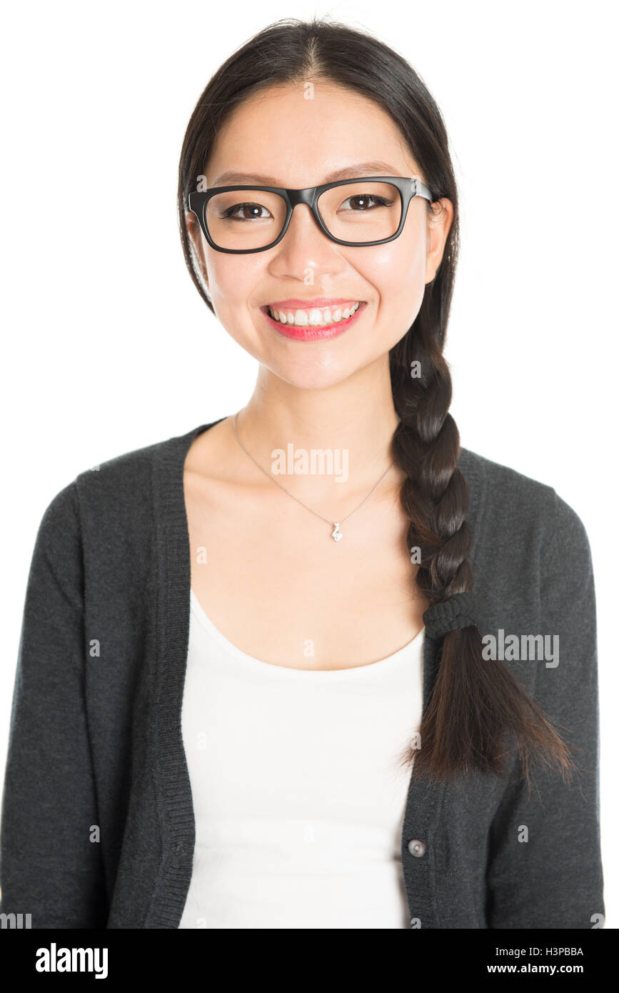 Portrait of young Asian girl with braid hair is smiling, isolated on ...