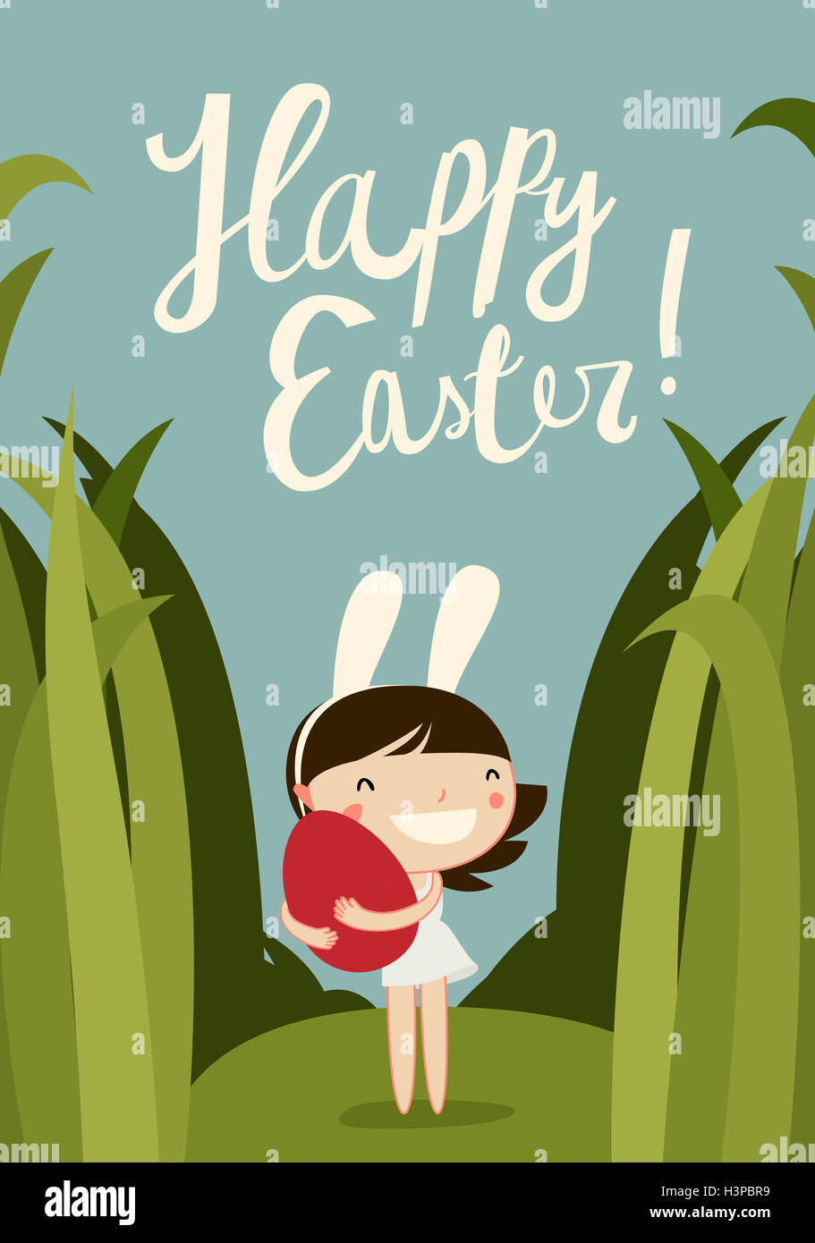 cute easter girl. easter egg hunt card. flat vector illustration Stock ...