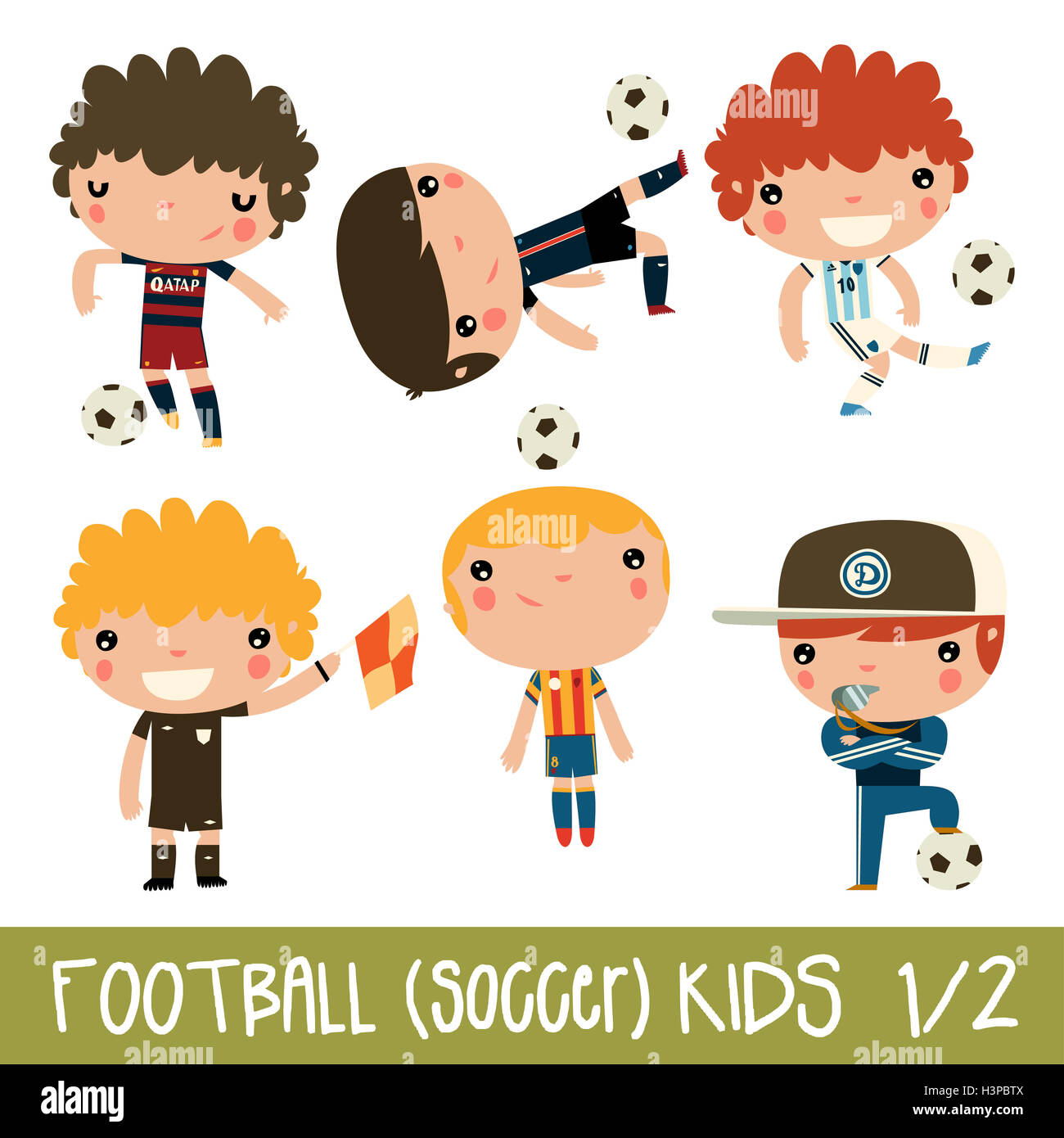 football kids. children sports set. cute flat soccer players Stock ...