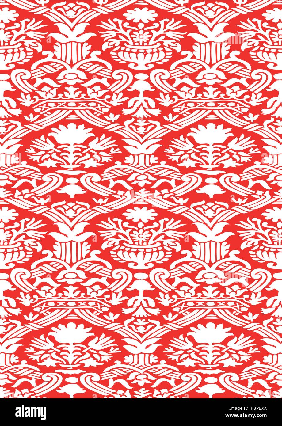 Red and white Seamless abstract hand-drawn floral pattern, vintage ...