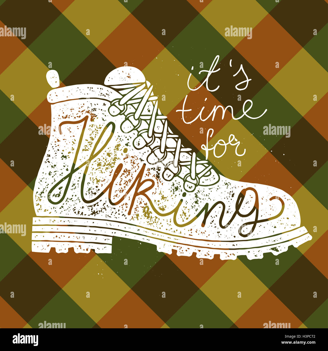 hiking lettering. plaid background. vector illustration Stock Photo - Alamy