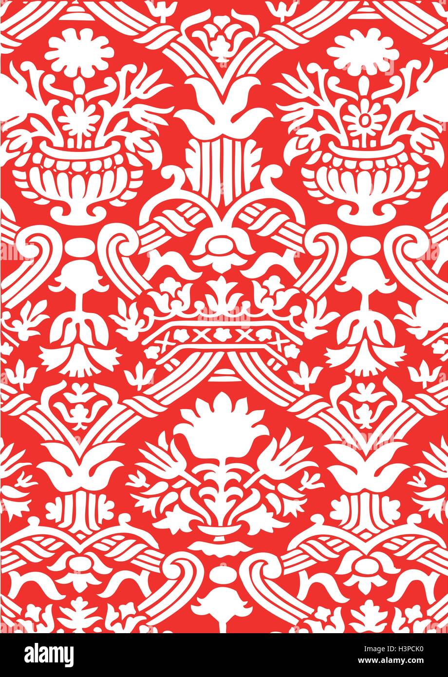 Red and white Seamless abstract hand-drawn floral pattern, vintage ...