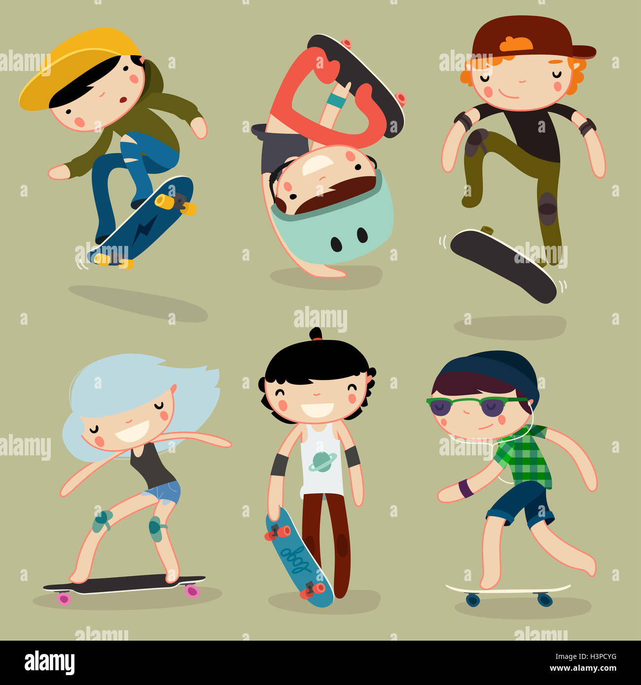 skateboard characters set. stylish kids. vector illustration Stock ...