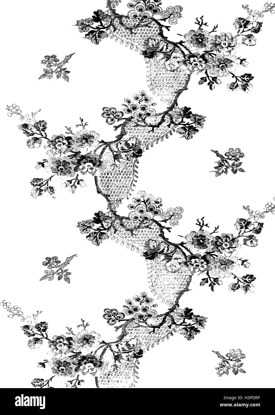 Black and white zigzag vertical vintage floral pattern with hand-drawn ...