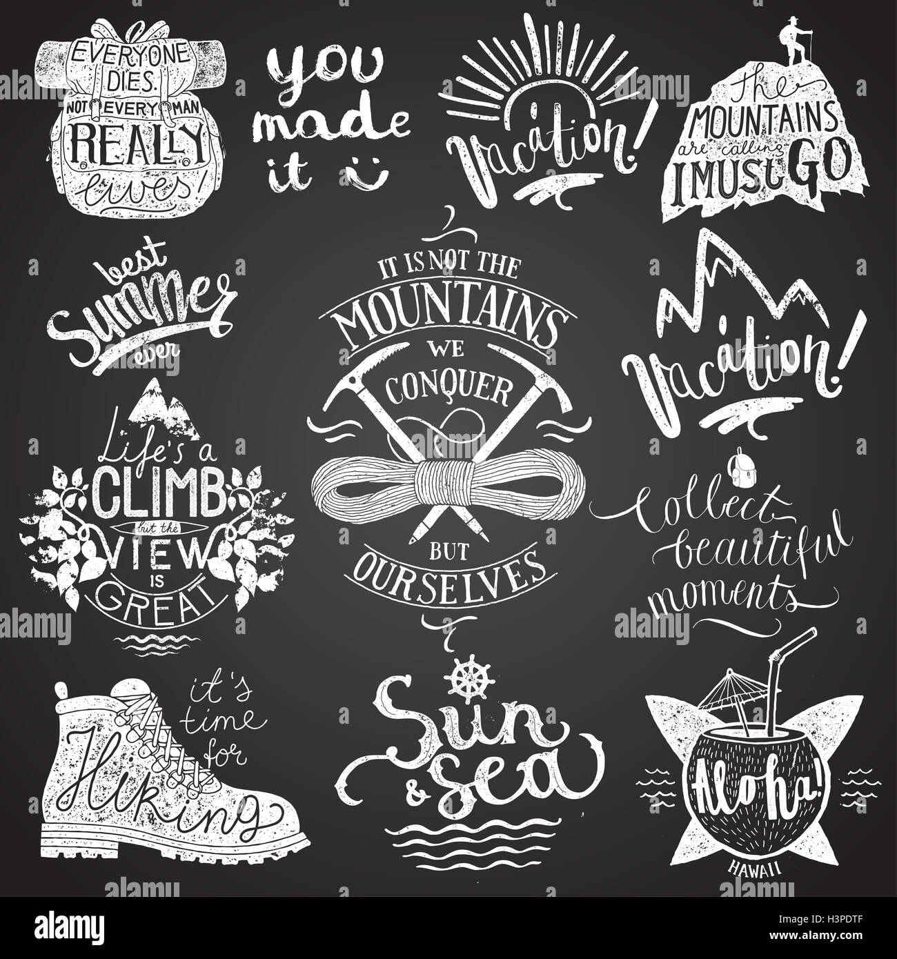 hiking quote print. vector handwriting calligraphy set Stock Photo - Alamy