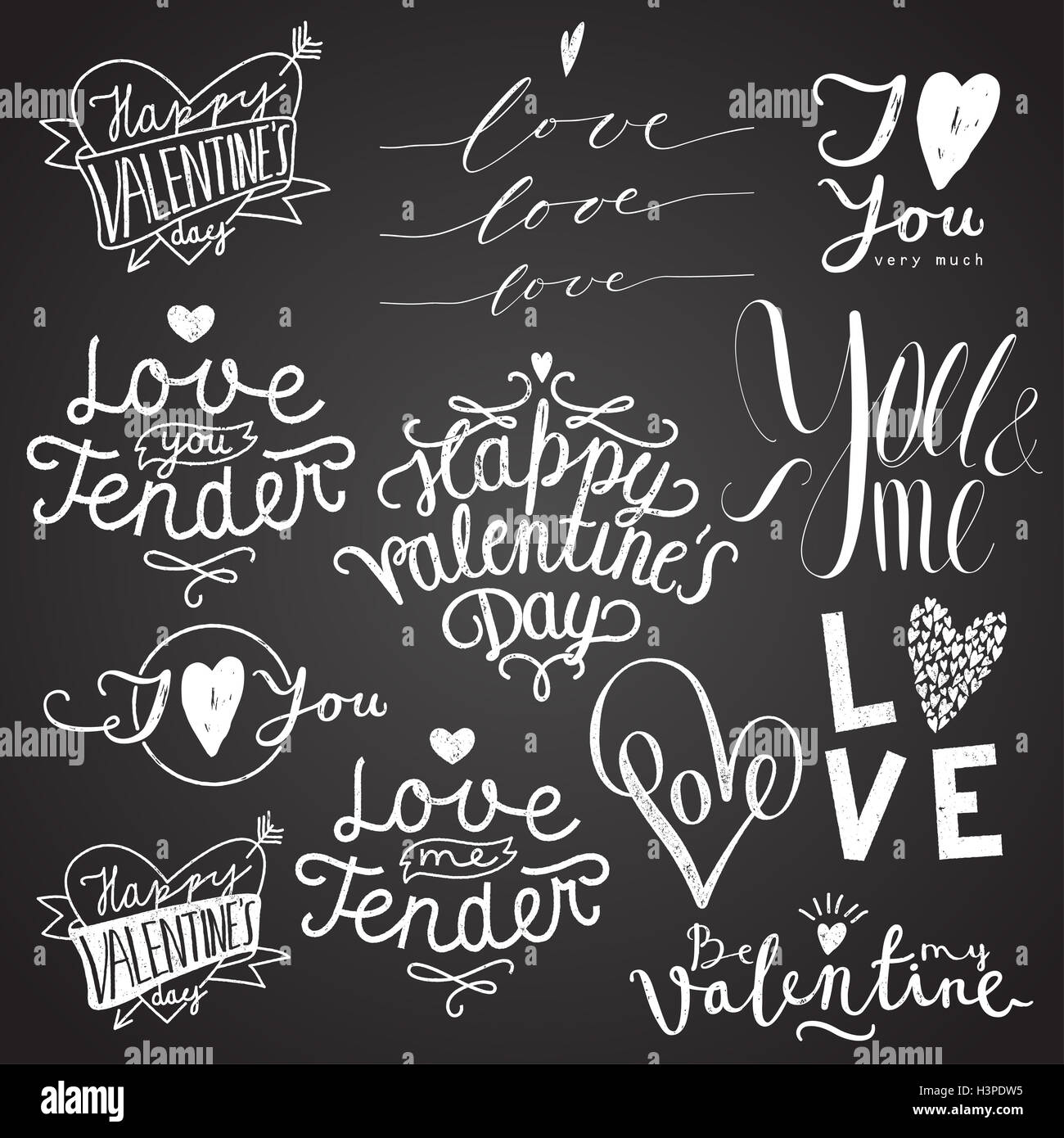 valentines day chalk calligraphy lettering set on black Stock Photo - Alamy