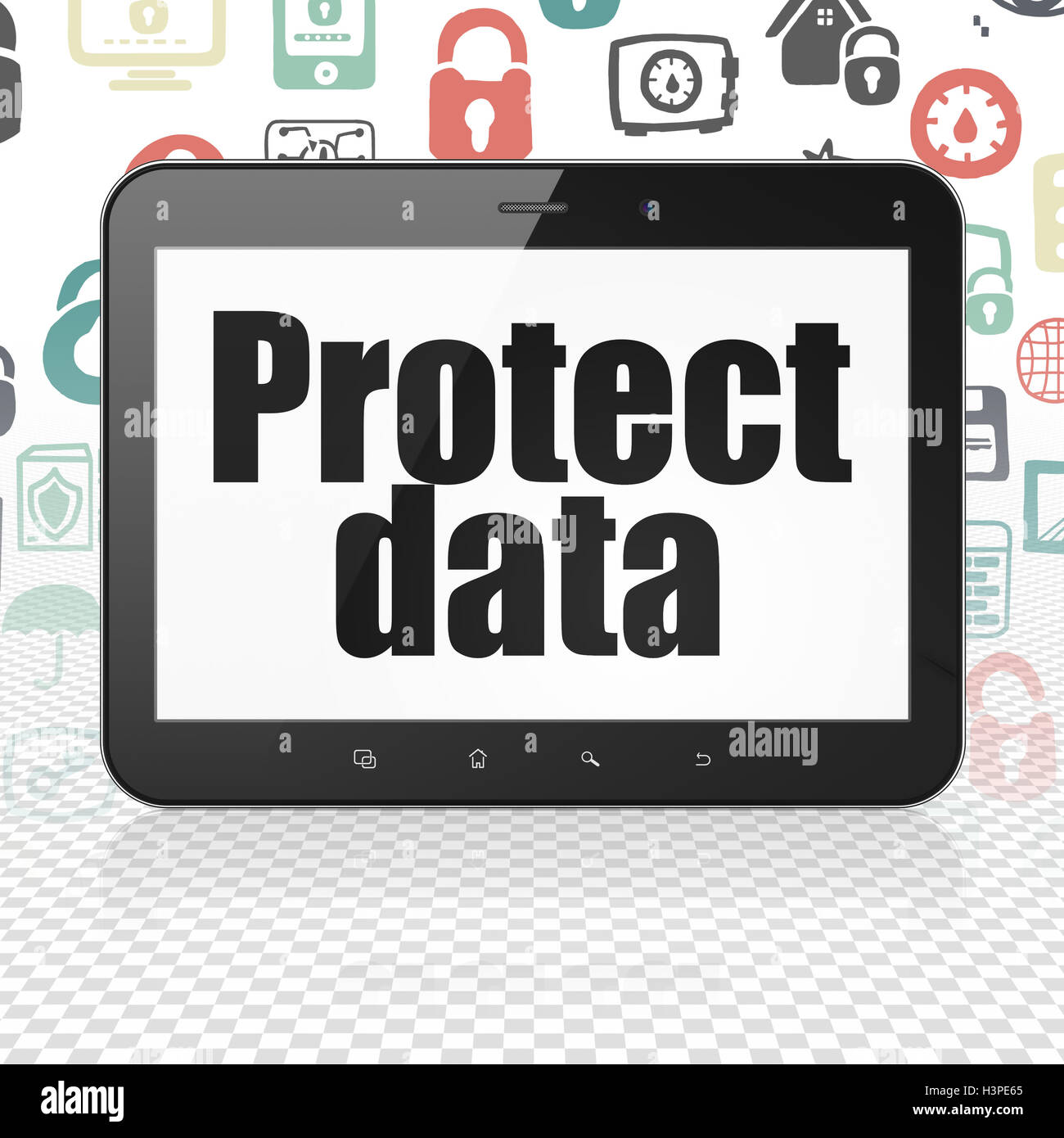 Safety concept: Tablet Computer with Protect Data on display Stock ...