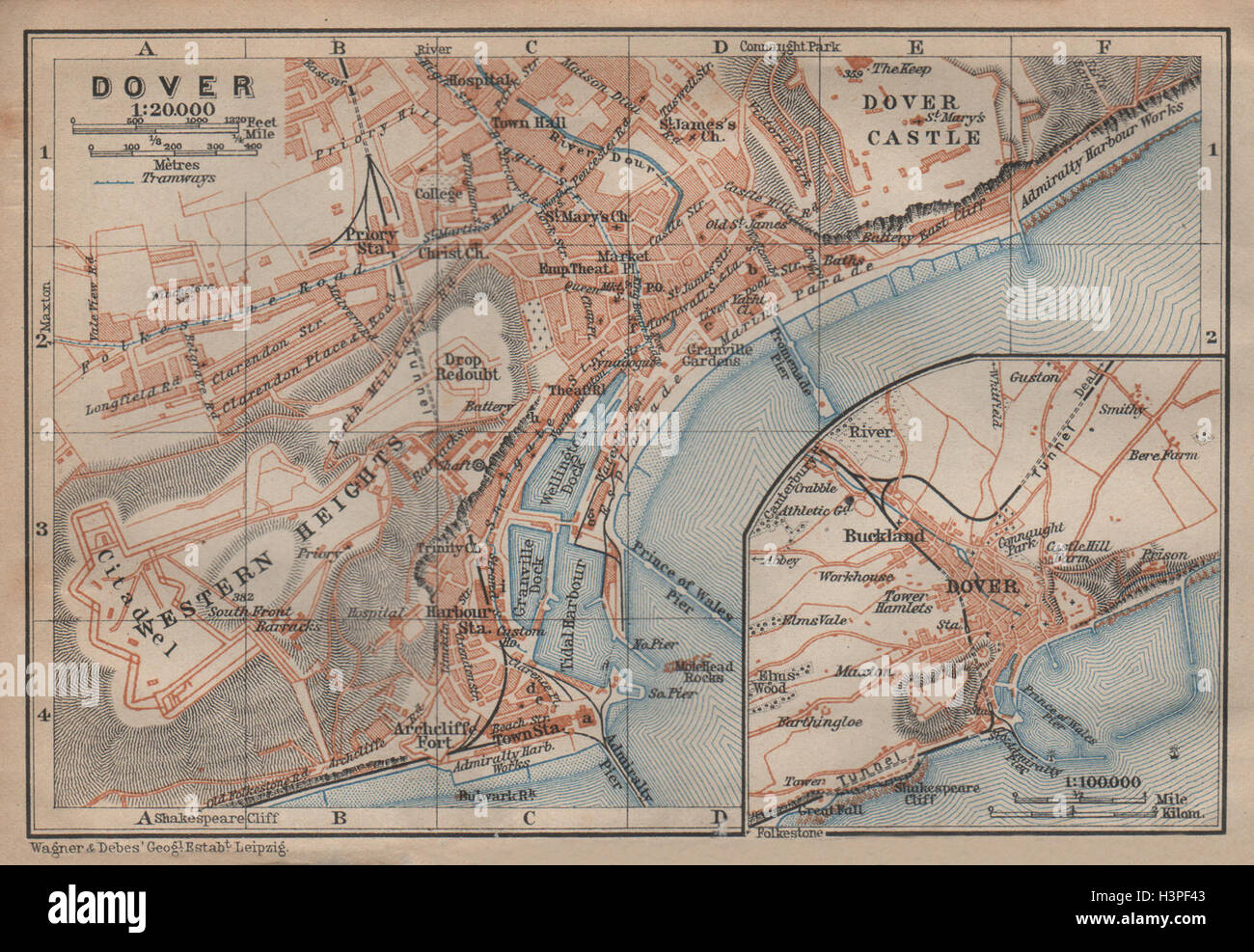 DOVER antique town city plan & environs. Kent. BAEDEKER 1906 old map ...