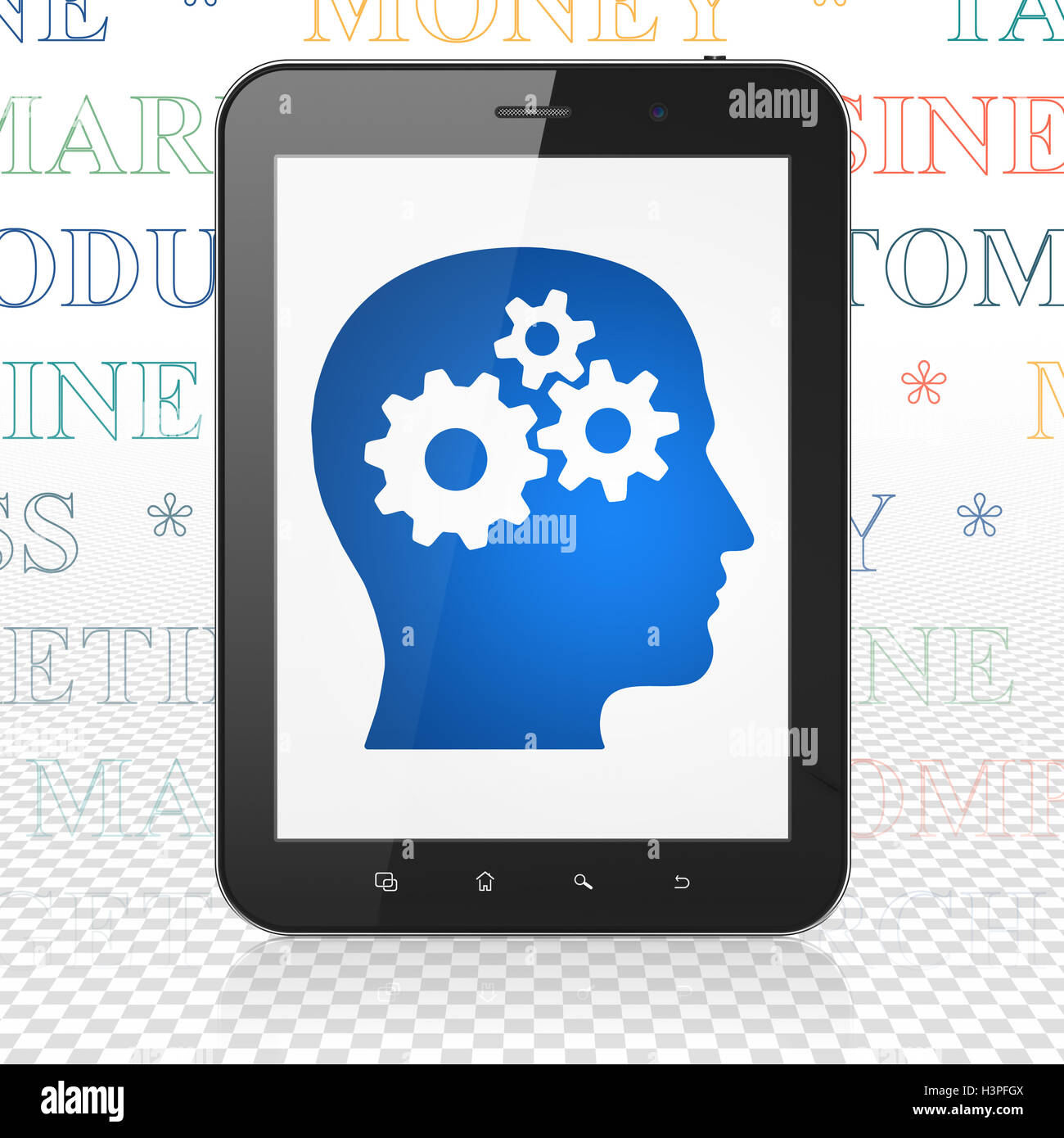 Advertising concept: Tablet Computer with Head With Gears on display ...