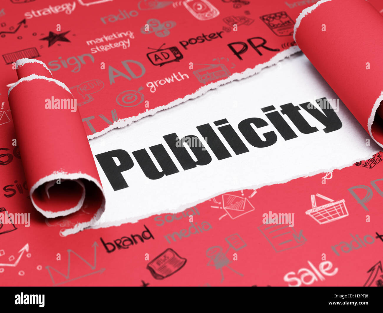 Advertising concept: black text Publicity under the piece of torn paper ...