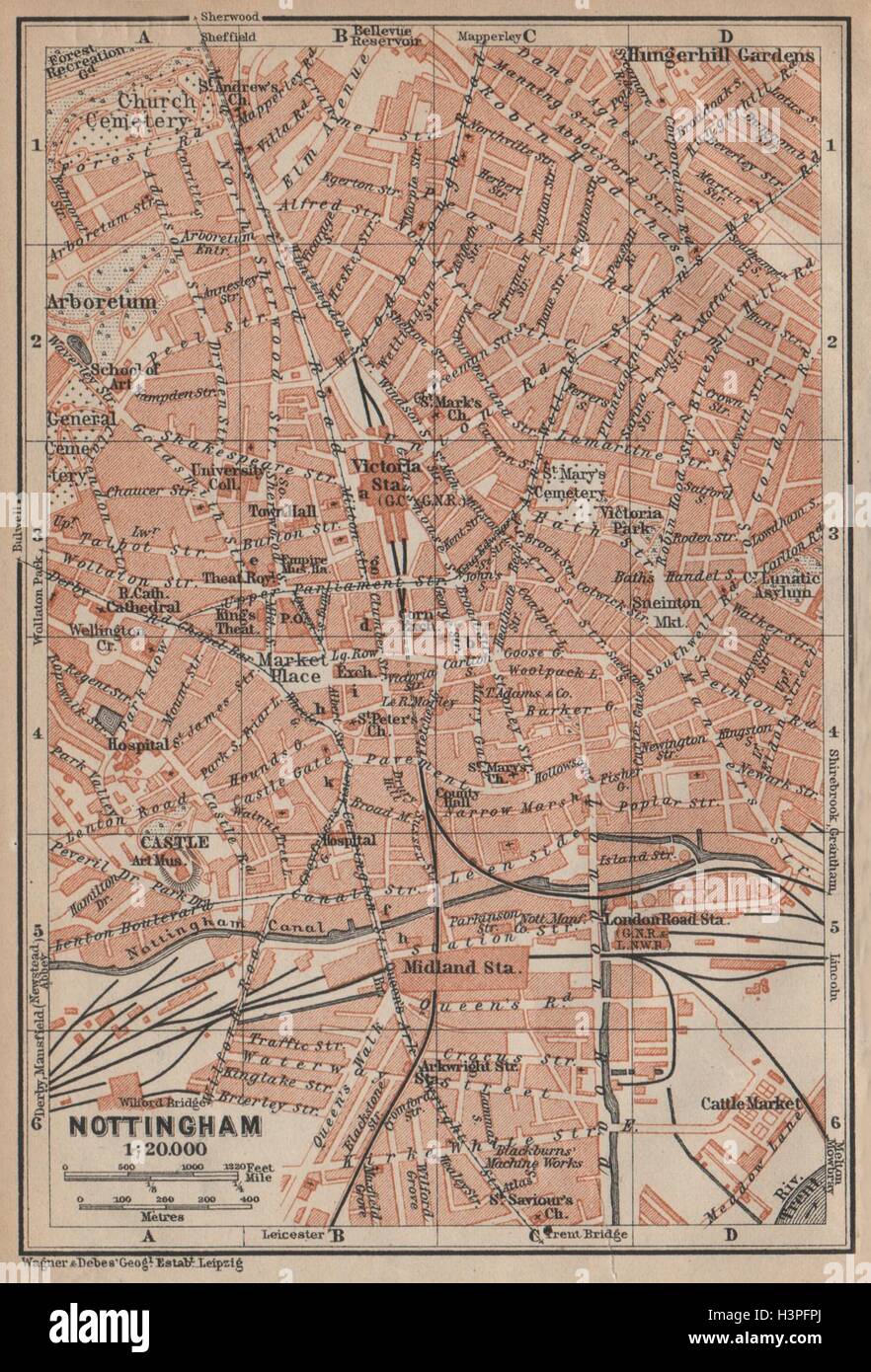 NOTTINGHAM antique town city plan. Nottinghamshire. BAEDEKER 1906 old ...