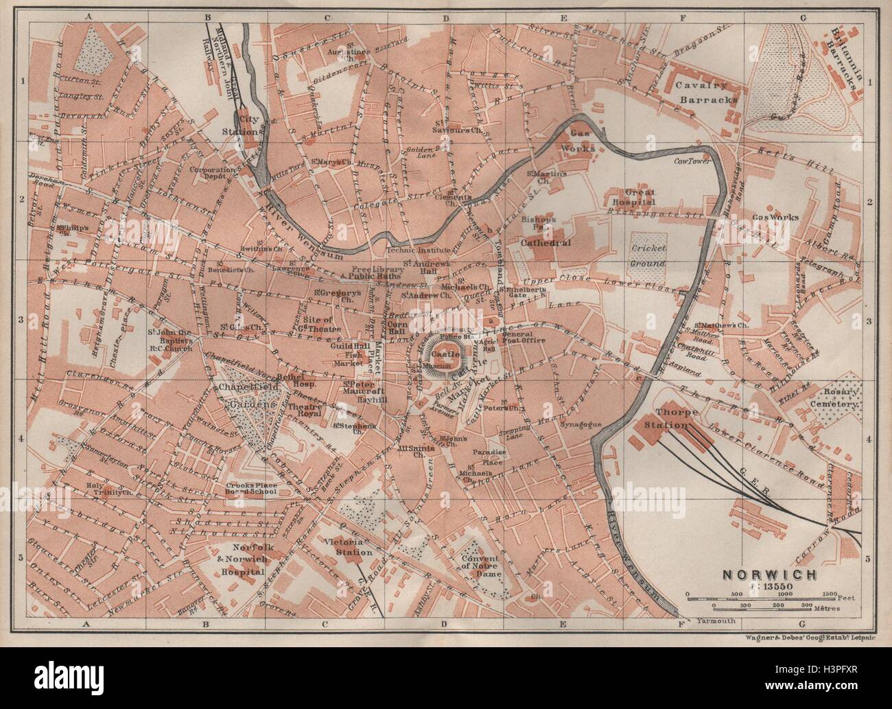 NORWICH antique town city centre plan. Norfolk. BAEDEKER 1906 old map ...