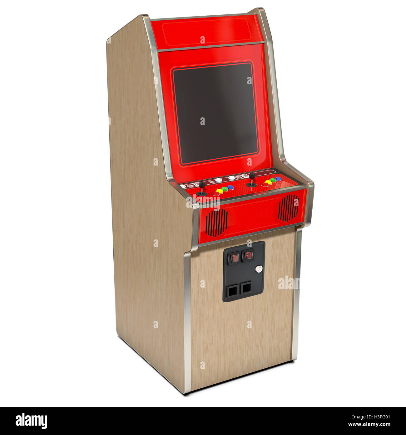A 3D render of a vintage red unbranded arcade machine with controls and ...