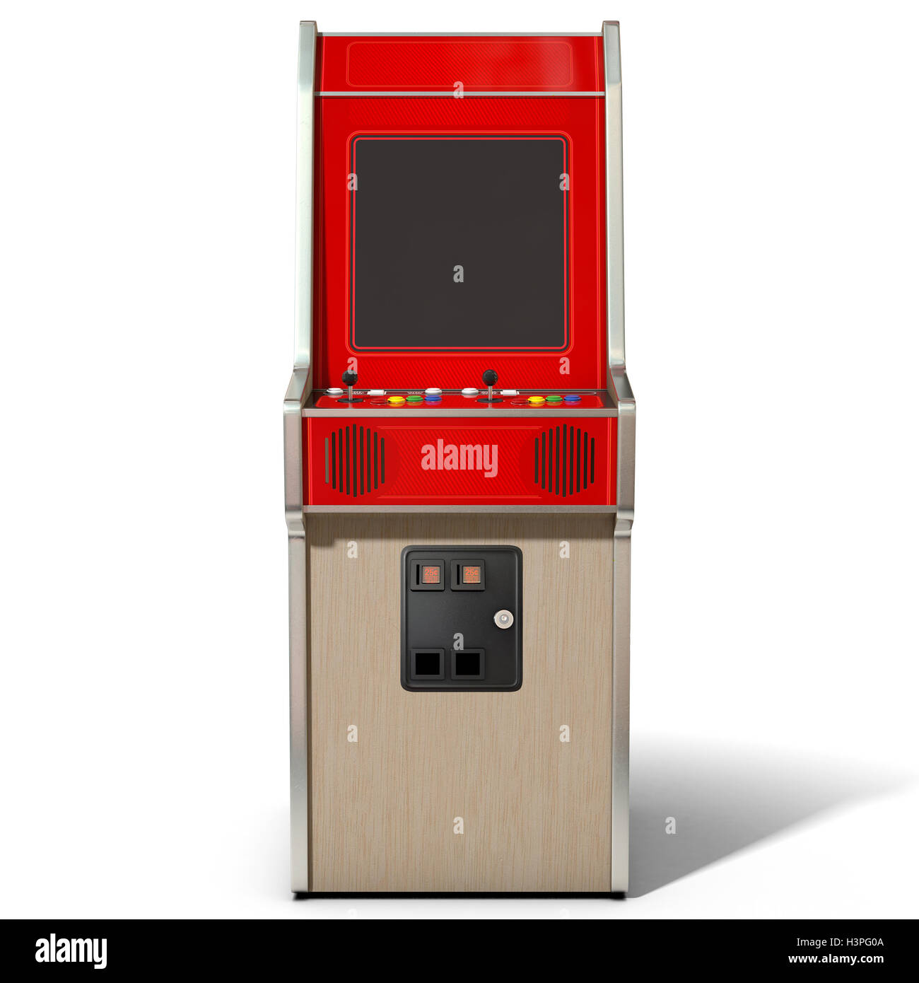 A 3D render of a vintage red unbranded arcade machine with controls and ...