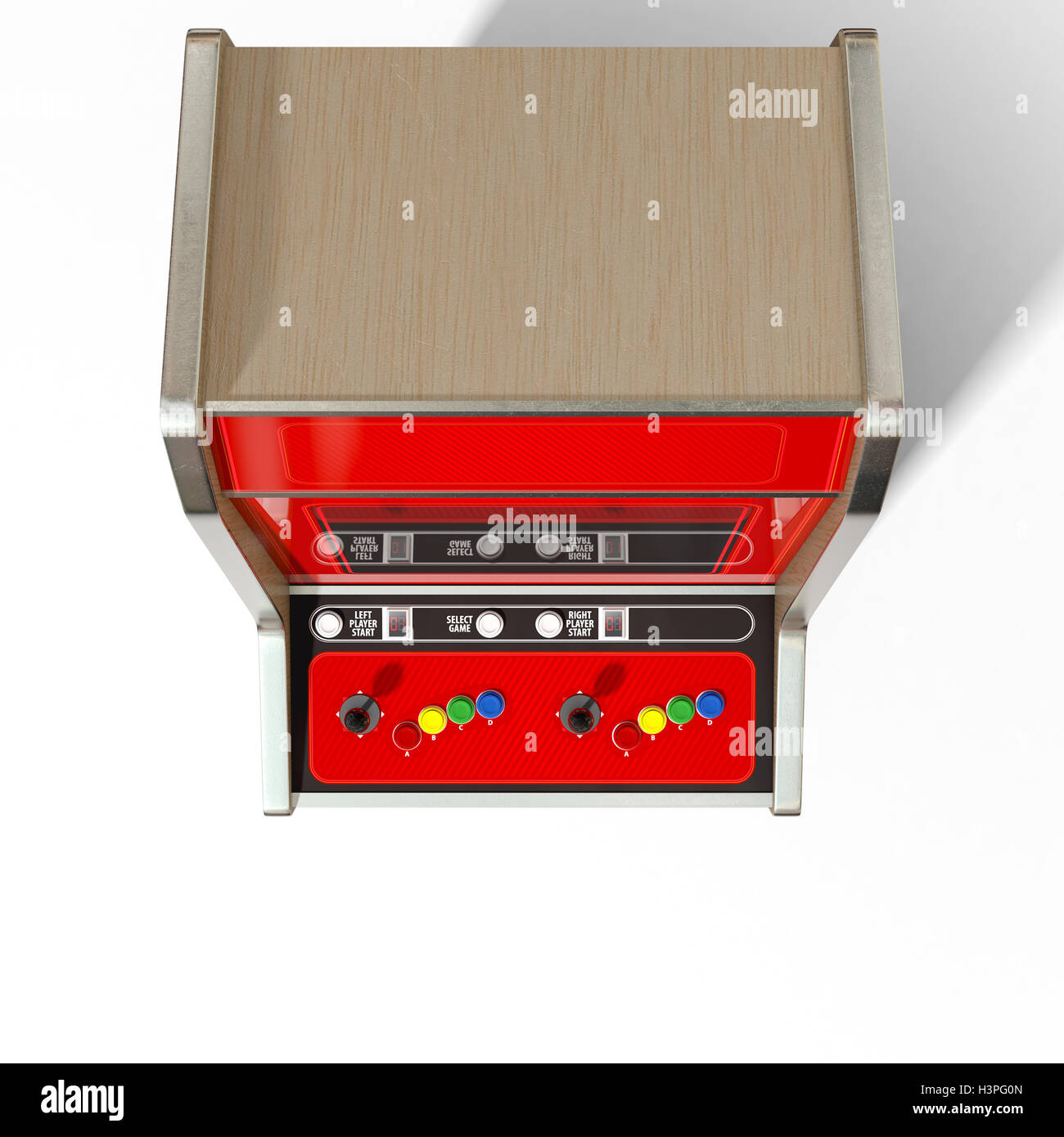 A 3D render of a vintage red unbranded arcade machine with controls and ...