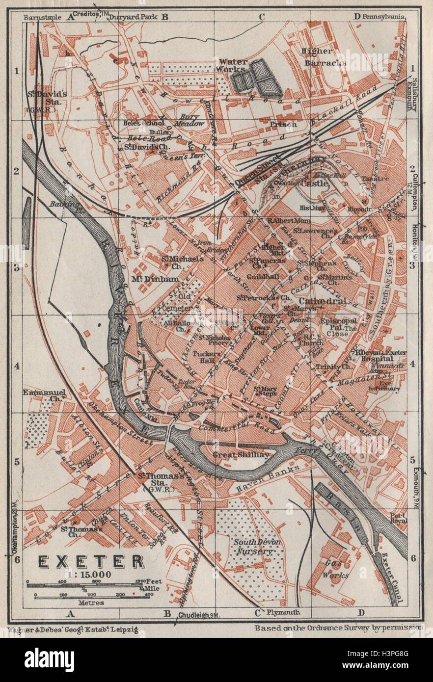 EXETER antique town city plan. Devon. BAEDEKER 1927 old map chart Stock ...