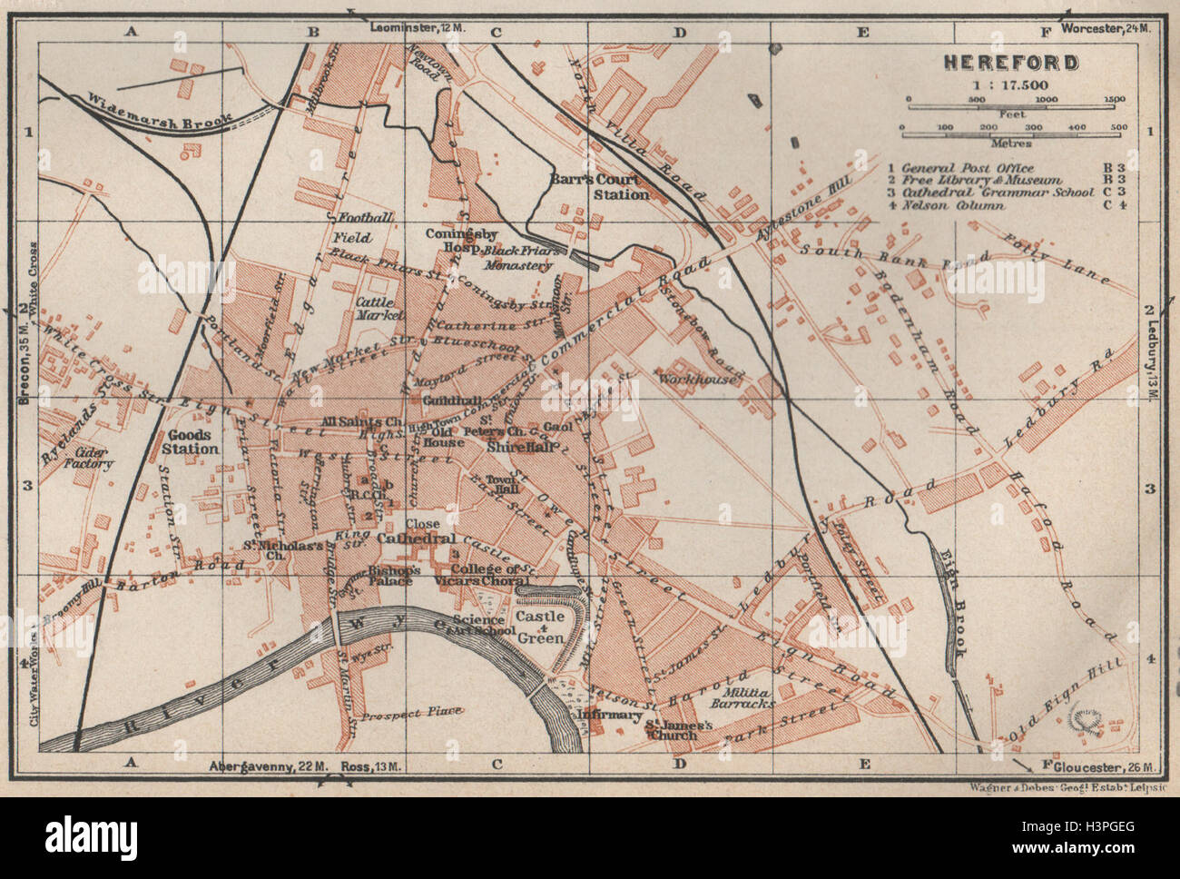 HEREFORD antique town city plan. Broomy Hill. Herefordshire. BAEDEKER ...