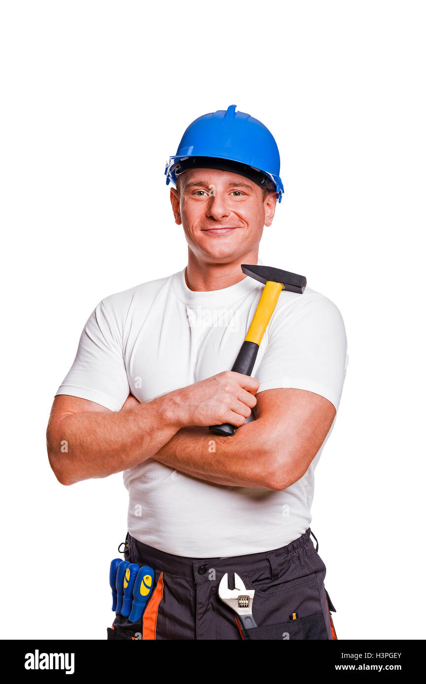 smiling handyman on white background fine portrait Stock Photo - Alamy