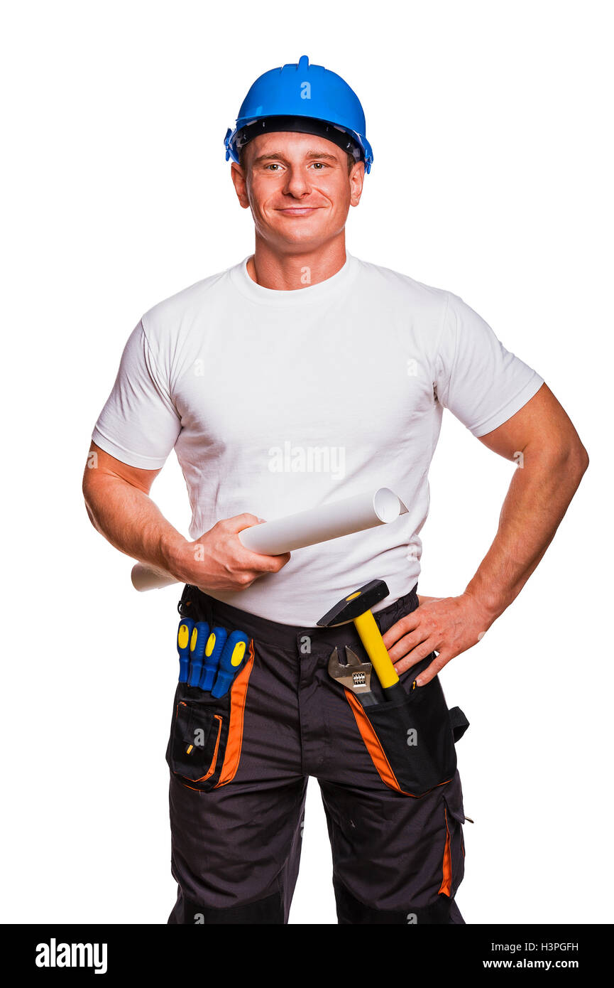 smiling handyman on white background fine portrait holding plans Stock ...