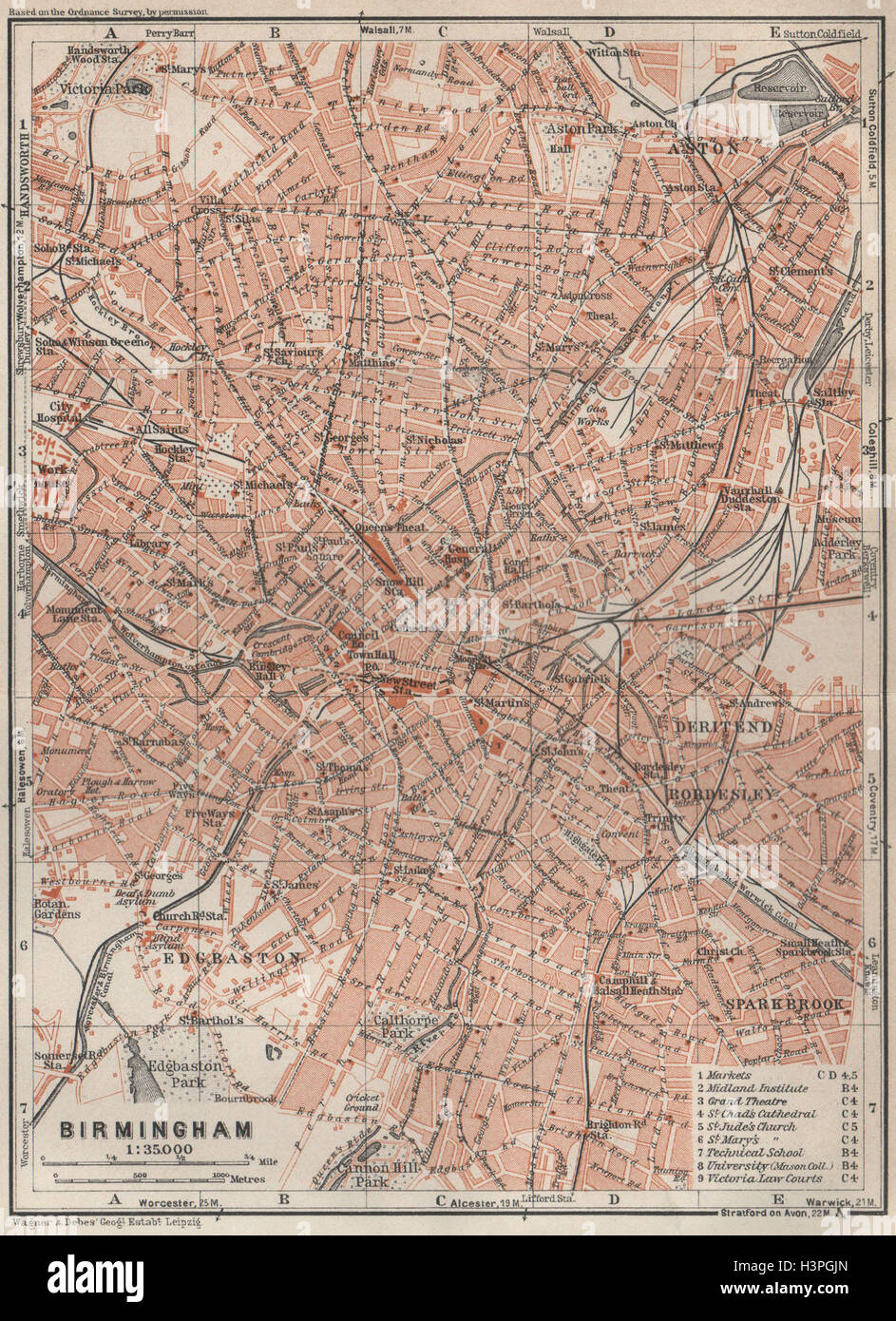 BIRMINGHAM town city plan. Edgbaston Aston Deritend Bordesley Saltley ...