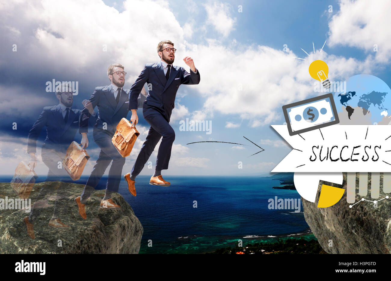 Image of young businessman jumping over gap Stock Photo - Alamy