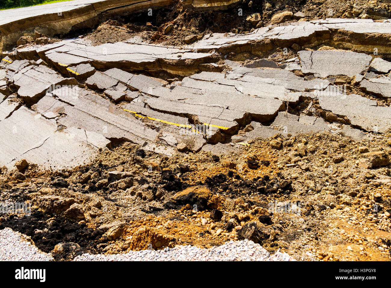 asphalt road collapsed and fallen, since the ground collapsing Stock ...