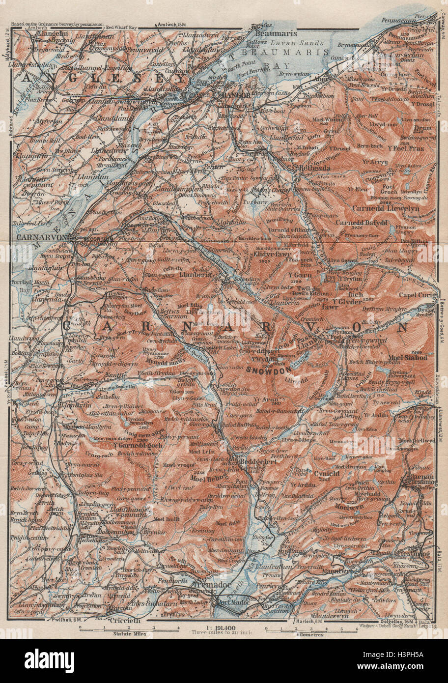 SNOWDONIA topo-map. Caernarfon Bangor Menai Straits. Tremadoc. Wales ...