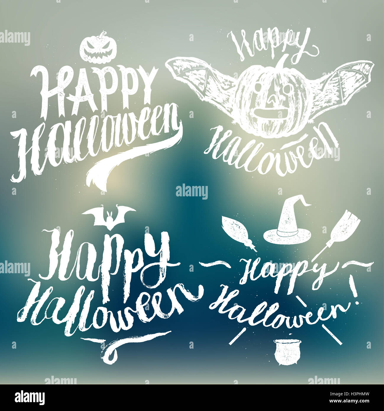 halloween sign calligraphy set. scary handwriting on blurred background ...