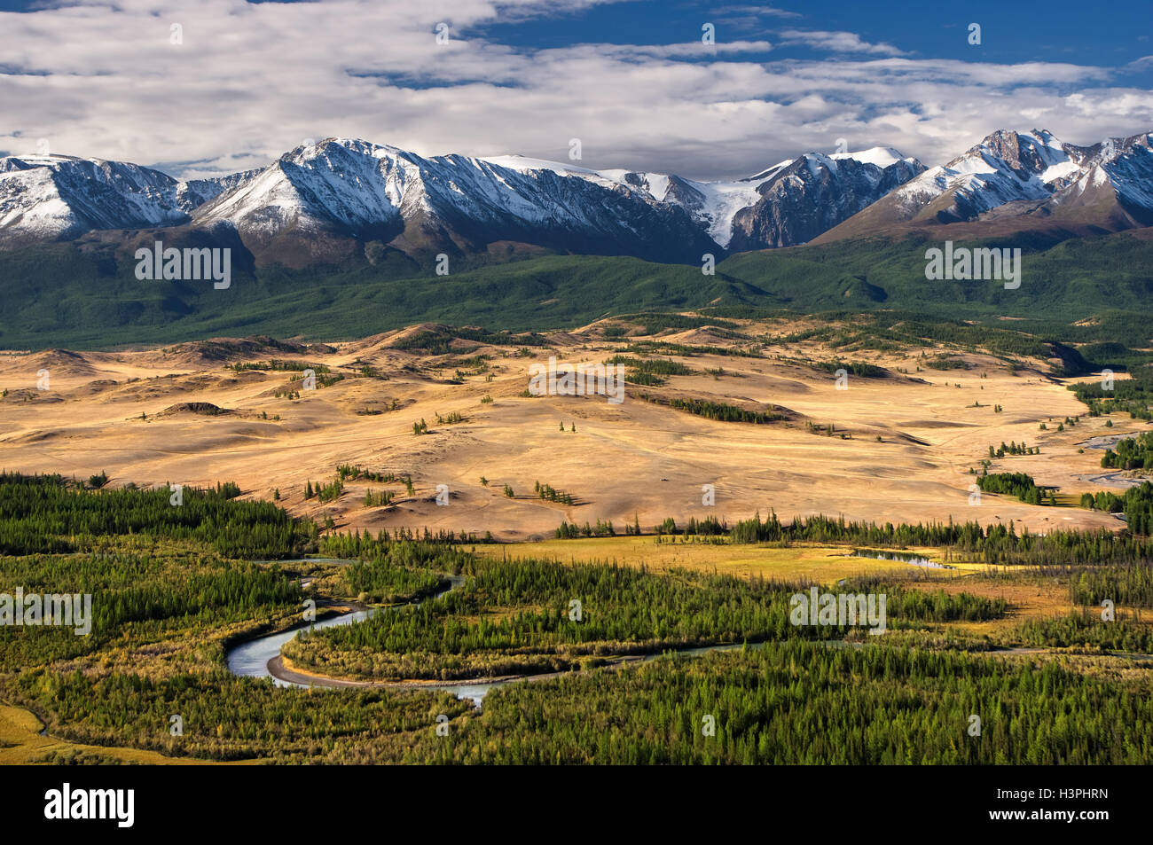 Top view to highland steppe river yellow steppe with green forest under ...
