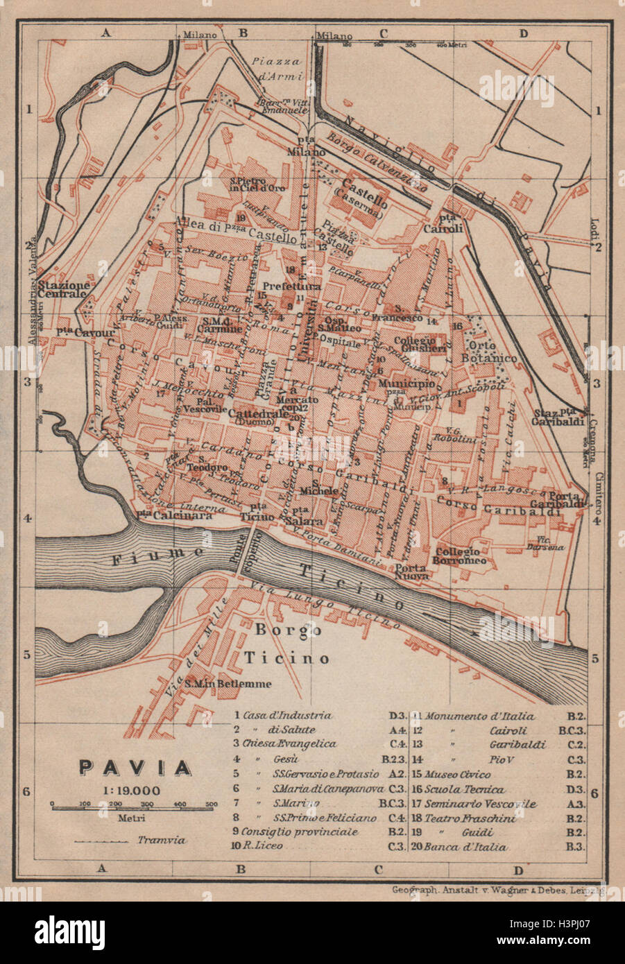 PAVIA antique town city plan piano urbanistico. Italy mappa. BAEDEKER ...