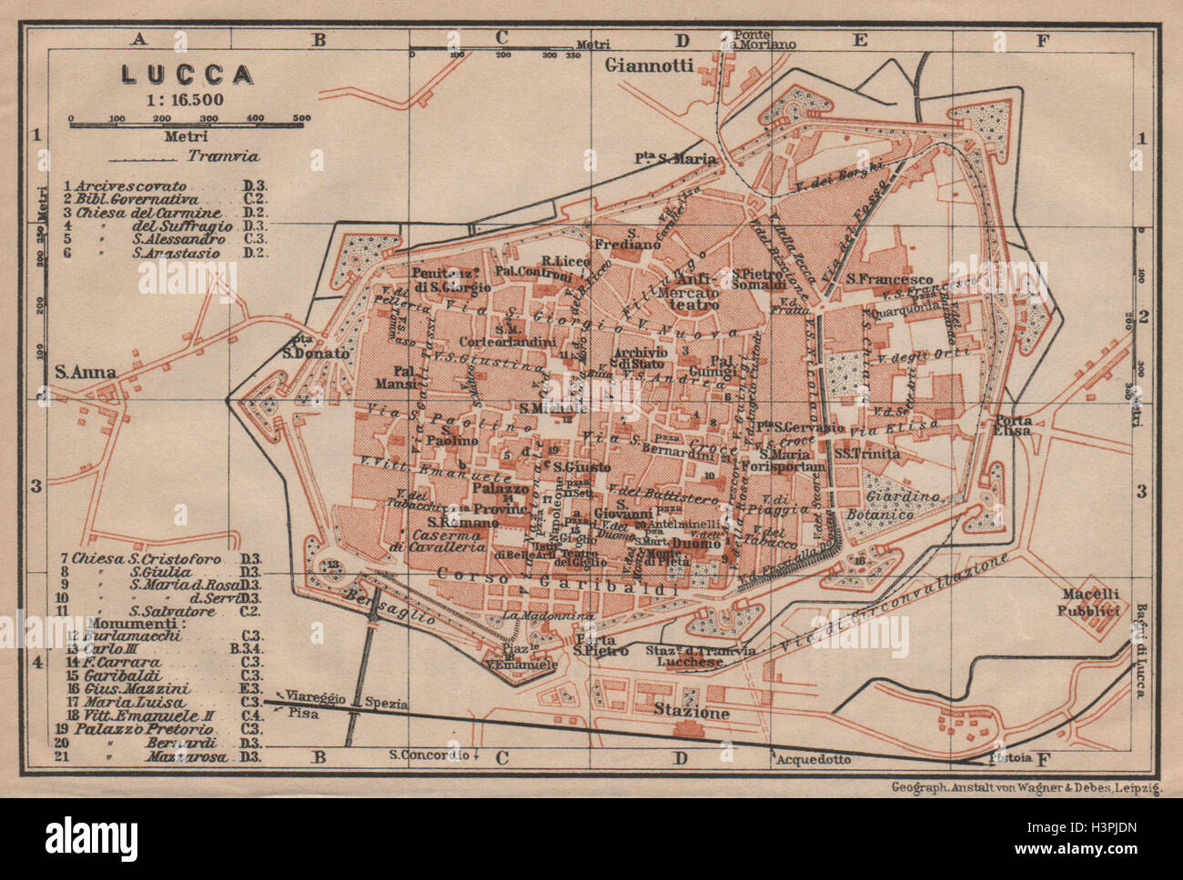 LUCCA antique town city plan piano urbanistico. Italy mappa. BAEDEKER ...