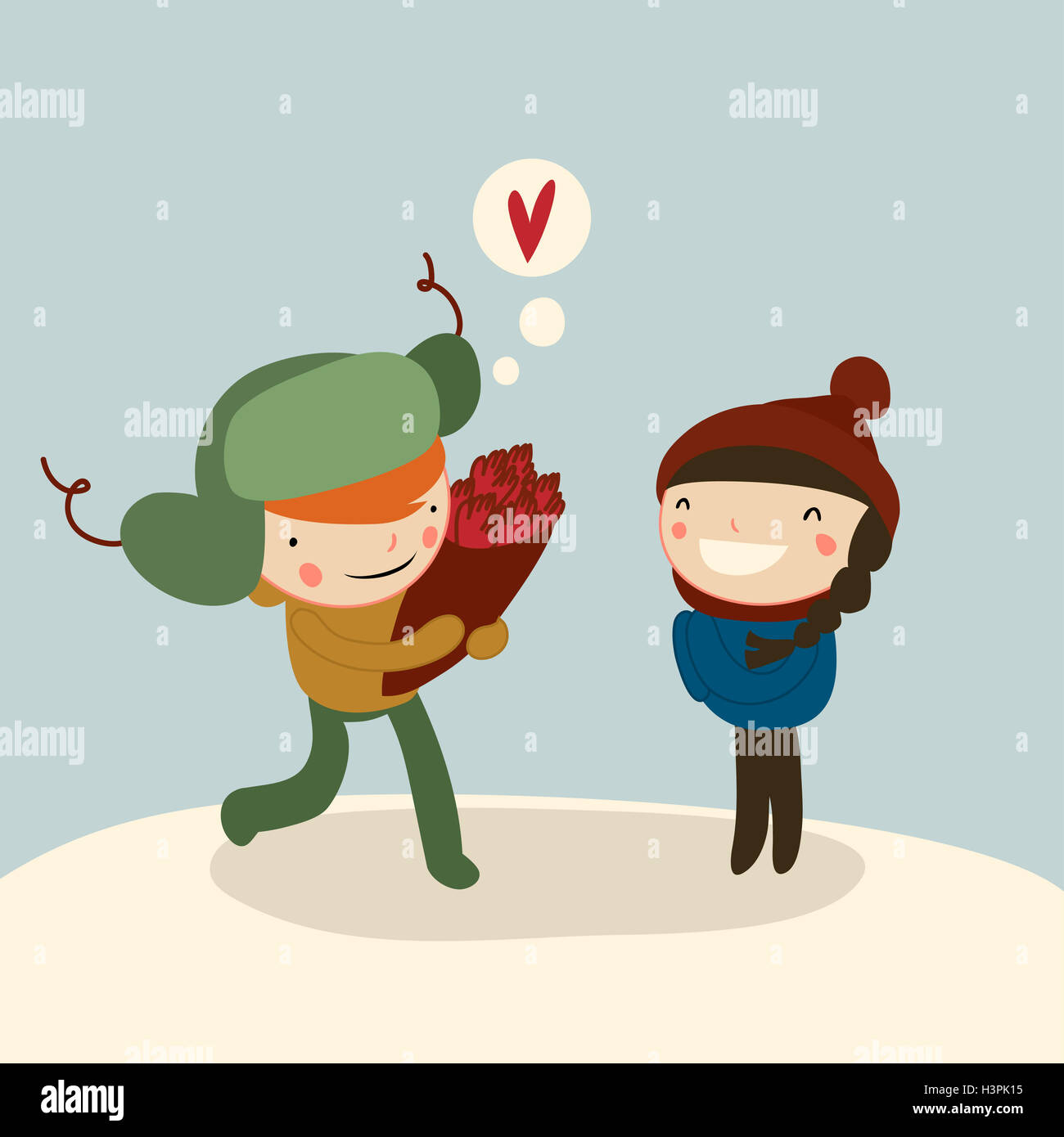 flat valentine cartoon couple on date in winter Stock Photo - Alamy