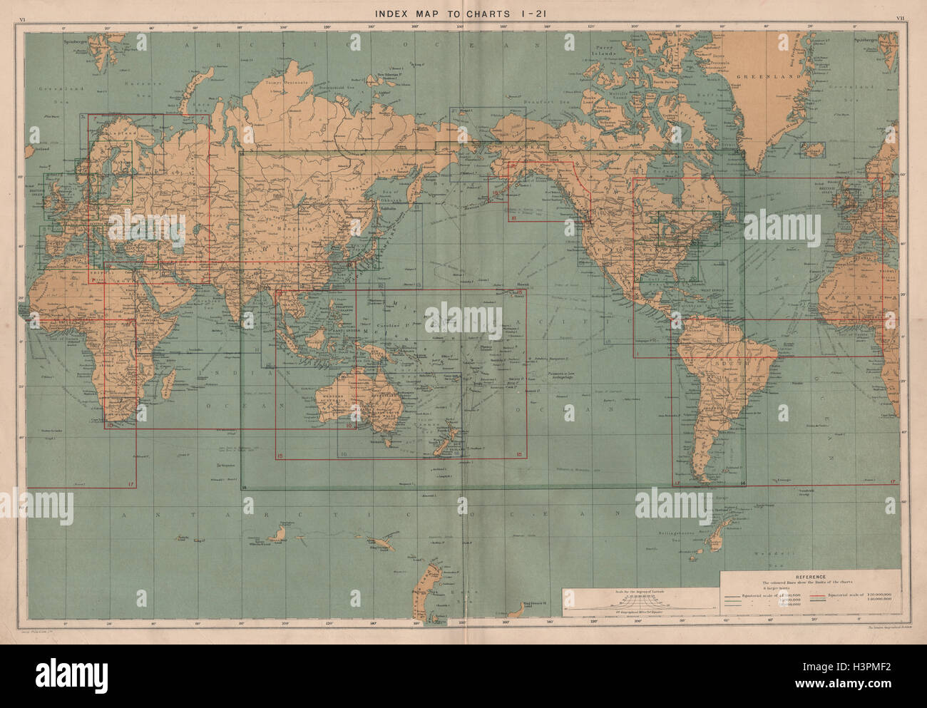 WORLD. Index Map To Charts 1-21. World. Large 50x70cm c1914 old antique ...