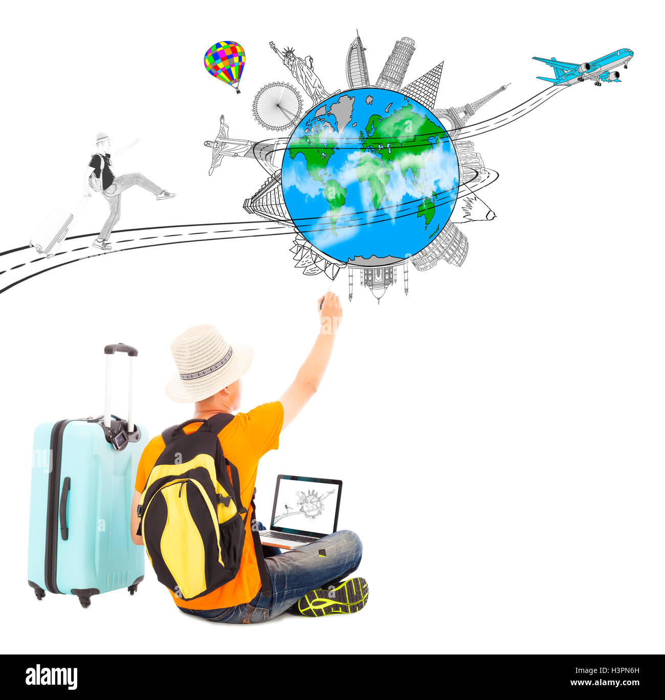 backpacker draw a travel trip planning Stock Photo - Alamy