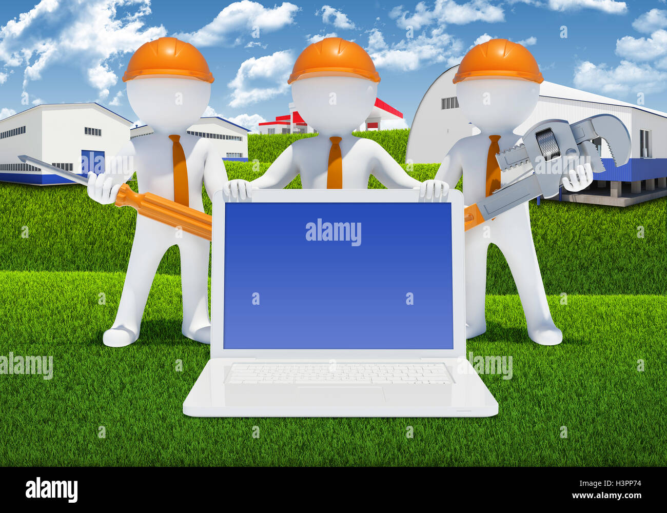 Three 3d white people with tools and laptop Stock Photo - Alamy