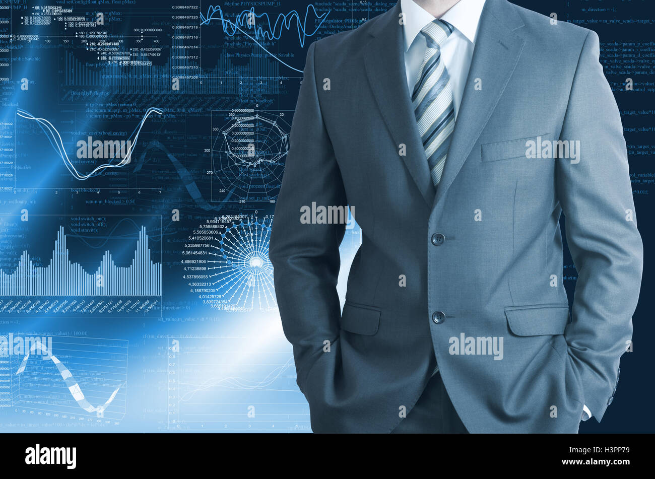 Businessman with background of graphics Stock Photo - Alamy