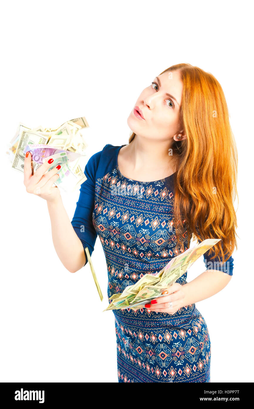 beautiful young woman holding money in both hands Stock Photo - Alamy