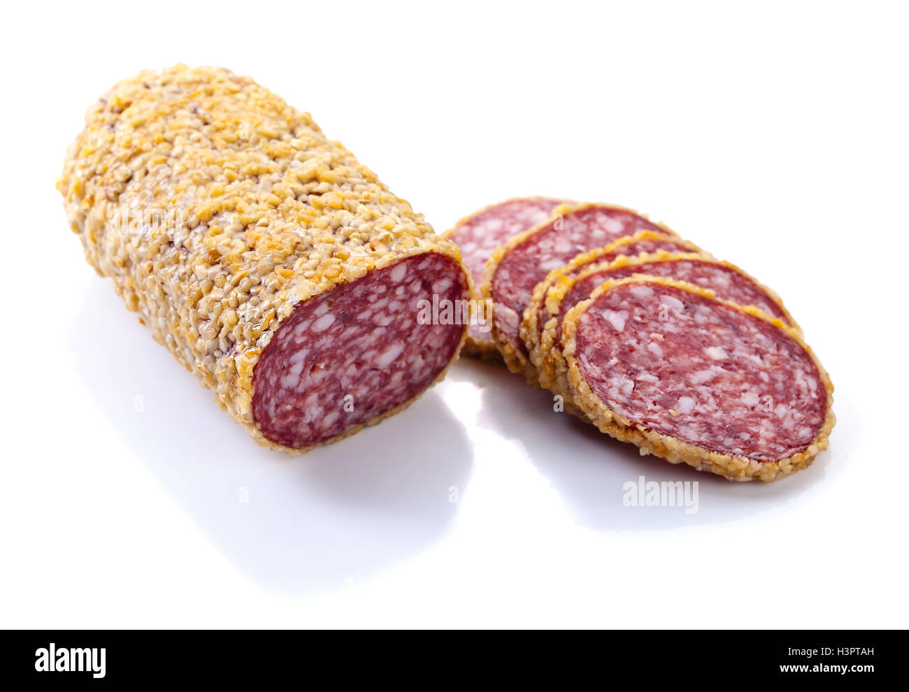 slices of salami isolated on a white background Stock Photo - Alamy