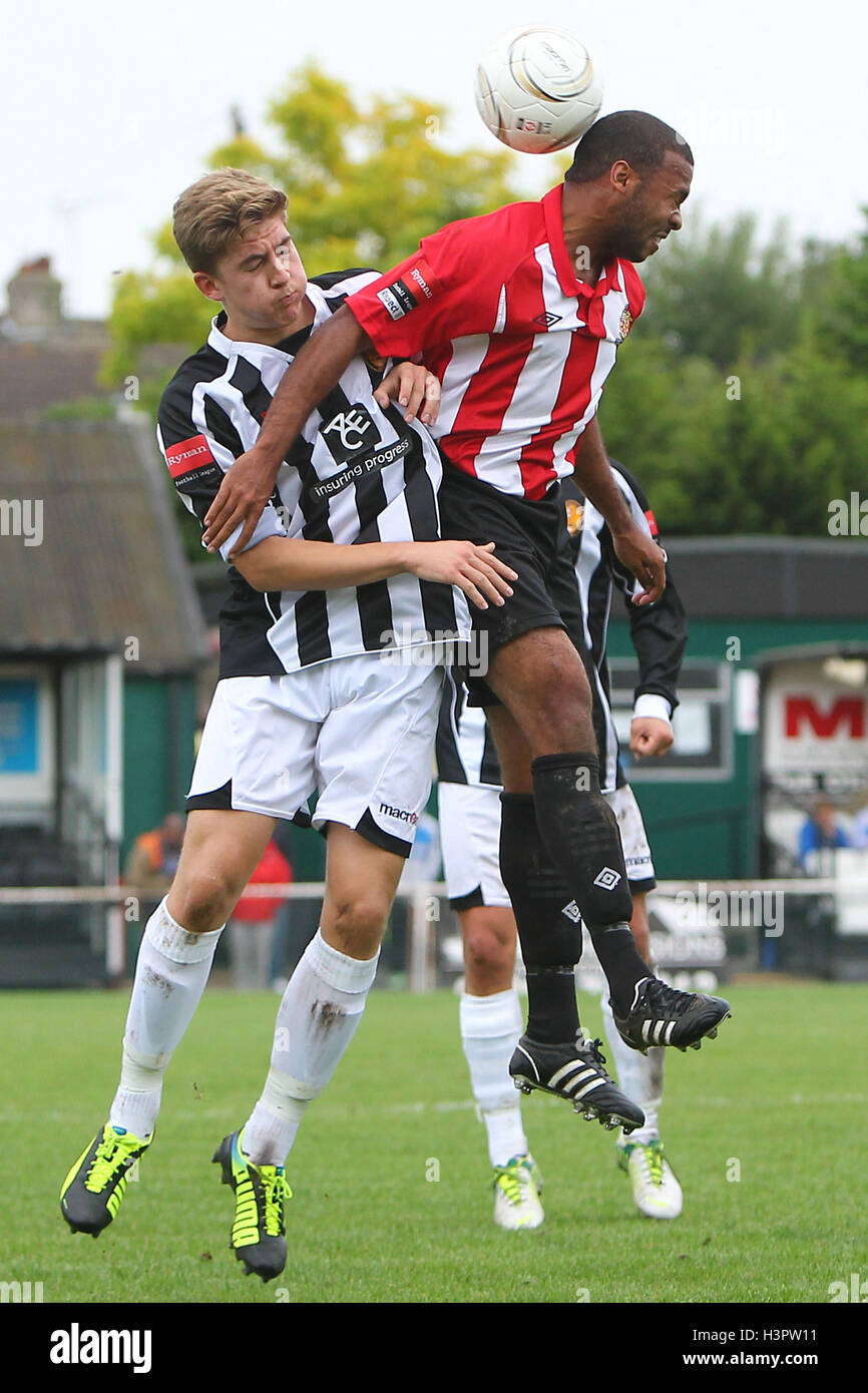 Derek Duncan of AFC Hornchurch in aerial action with Connor Witherspoon ...