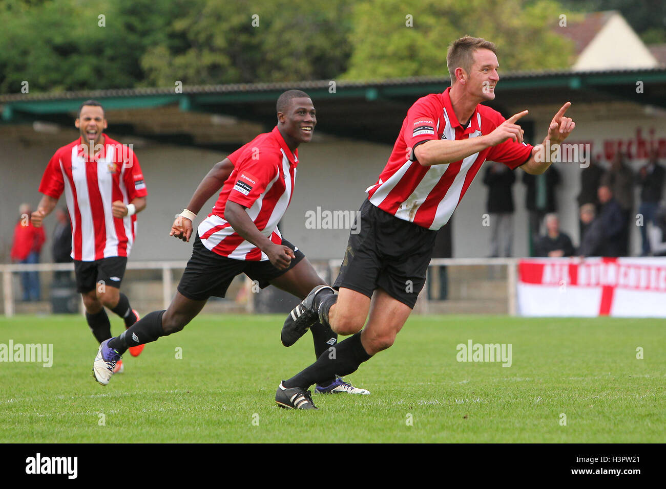 Carl Rook (R) celebrates scoring the equalising goal for Hornchurch ...
