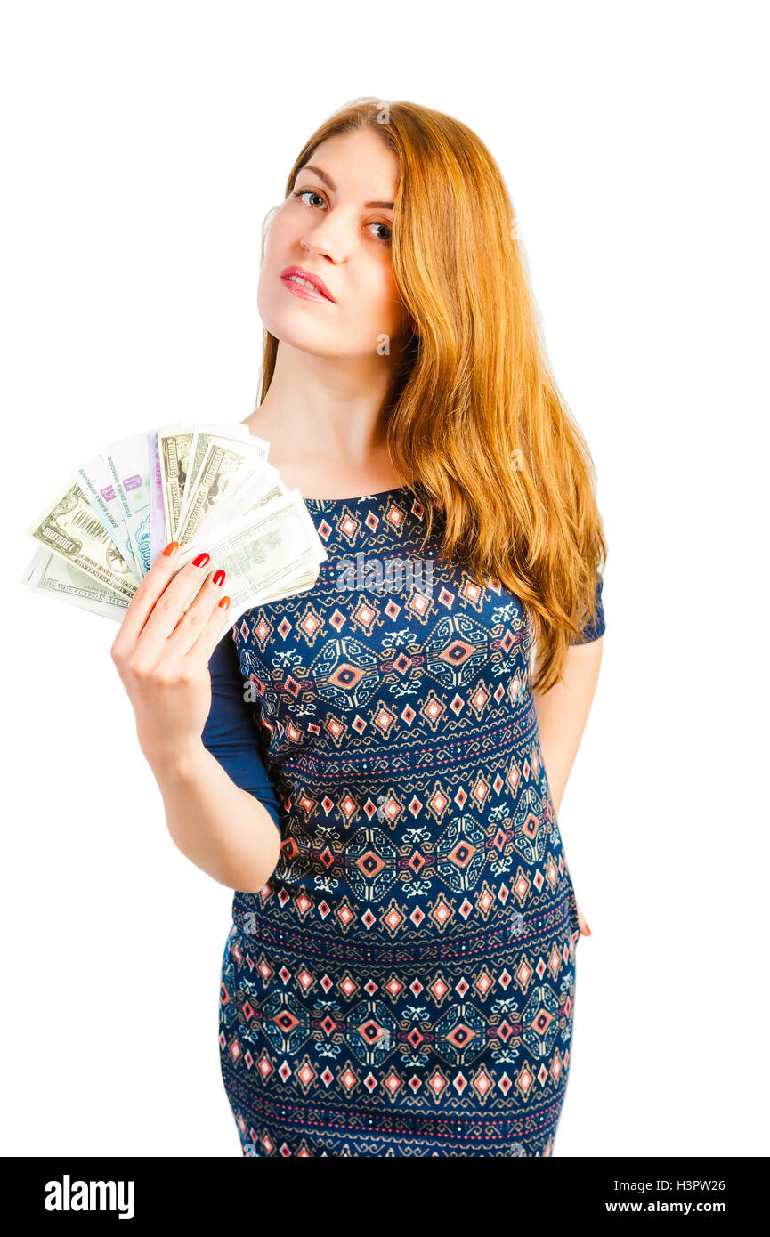 woman isolated on white background with money Stock Photo - Alamy