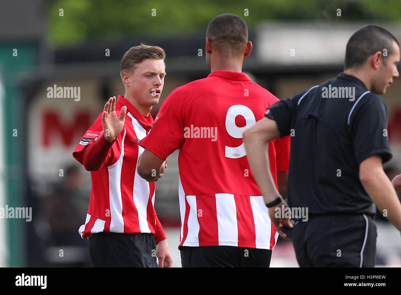 George Purcell (L) celebrates scoring the first goal for Hornchurch ...