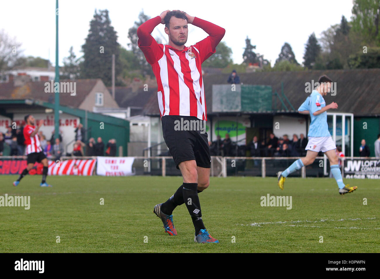 Martin Tuohy of Hornchurch goes close to a goal and reacts as the ball ...