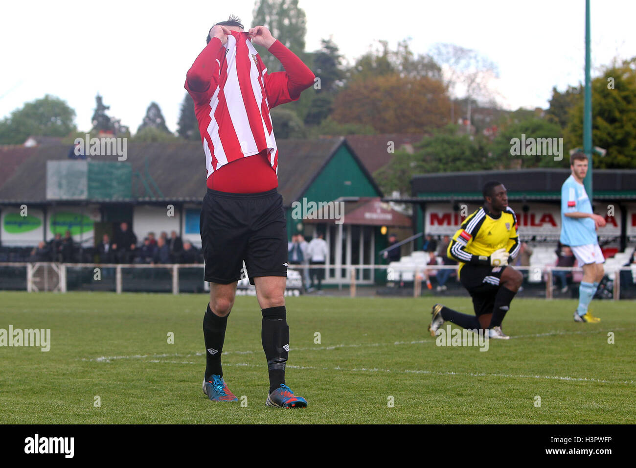 Martin Tuohy of Hornchurch goes close to a goal and reacts as the ball ...