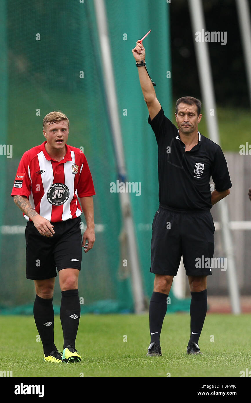 George Purcell of AFC Hornchurch is sent off by referee Peter Conn ...