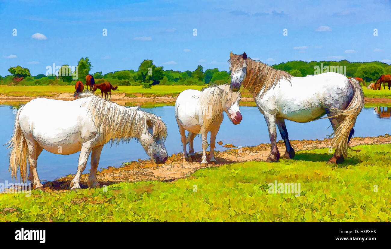 White ponies by a lake in bright colours Stock Photo - Alamy