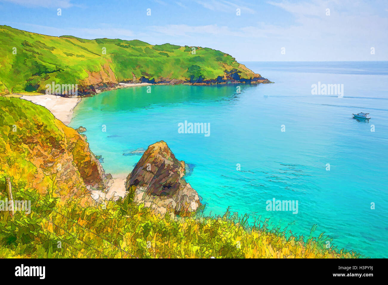 Lantic Bay Cornwall England near Fowey and Polruan with turquoise and ...