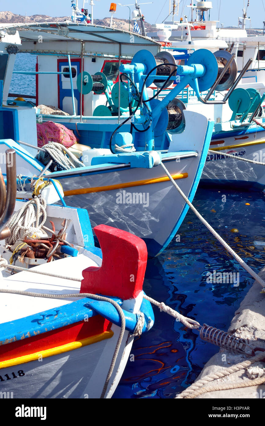 Brightly coloured fishing boats at the harbour in Kefalos, Kos one of ...