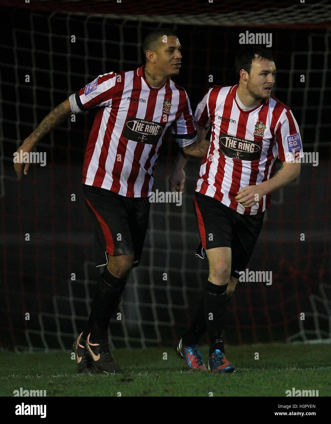 Martin Tuohy (R) celebrates a late equalising goal for Hornchurch with ...