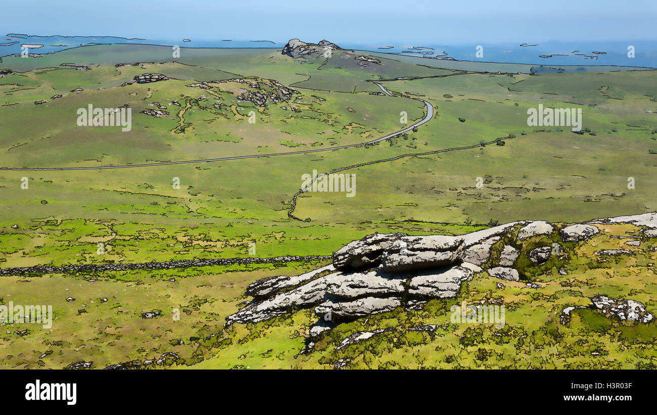 Dartmoor Devon view from Rippon Tor in the National Park illustration ...